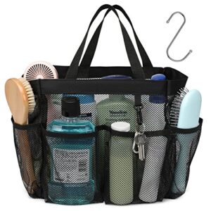 f-color mesh shower caddy portable, upgrade deeper 7 pockets shower caddy basket bag tote for college dorm room gym bathroom essentials gym camp quick dry 2 handles shower bag with s hook, black