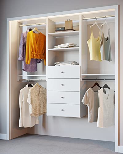 Closet Kit with Hanging Rods, Shelves & Drawers - Corner Closet System - Closet Shelves - Closet Organizers and Storage Shelves (White, 96 inches Wide) Closet Shelving