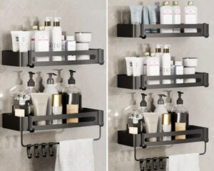 shower caddy - no-drill aluminum bathroom & home decor shelf, wall mounted dual corner shelf with hooks - rustproof stainless steel in matte black finish - adhesive bathroom shower caddy.