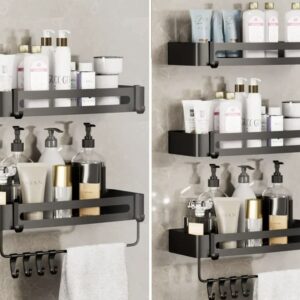 Shower Caddy - No-Drill Aluminum Bathroom & Home Decor Shelf, Wall Mounted Dual Corner Shelf with Hooks - Rustproof Stainless Steel In Matte Black Finish - Adhesive Bathroom Shower Caddy.