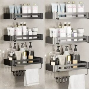 Shower Caddy - No-Drill Aluminum Bathroom & Home Decor Shelf, Wall Mounted Dual Corner Shelf with Hooks - Rustproof Stainless Steel In Matte Black Finish - Adhesive Bathroom Shower Caddy.