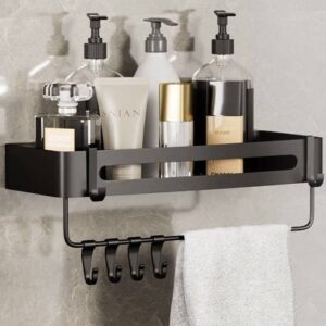 Shower Caddy - No-Drill Aluminum Bathroom & Home Decor Shelf, Wall Mounted Dual Corner Shelf with Hooks - Rustproof Stainless Steel In Matte Black Finish - Adhesive Bathroom Shower Caddy.