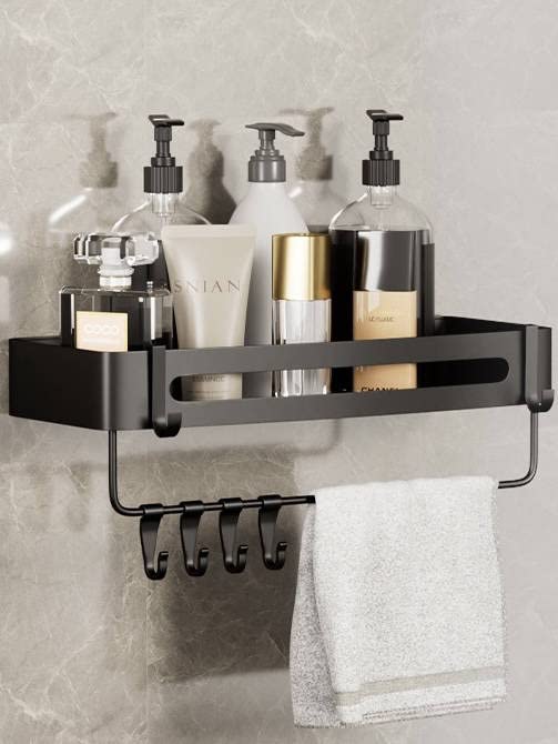 Shower Caddy - No-Drill Aluminum Bathroom & Home Decor Shelf, Wall Mounted Dual Corner Shelf with Hooks - Rustproof Stainless Steel In Matte Black Finish - Adhesive Bathroom Shower Caddy.