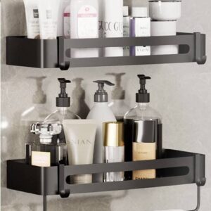 Shower Caddy - No-Drill Aluminum Bathroom & Home Decor Shelf, Wall Mounted Dual Corner Shelf with Hooks - Rustproof Stainless Steel In Matte Black Finish - Adhesive Bathroom Shower Caddy.