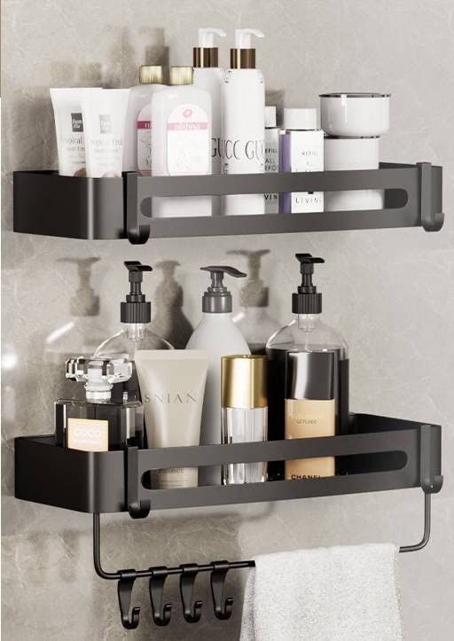 Shower Caddy - No-Drill Aluminum Bathroom & Home Decor Shelf, Wall Mounted Dual Corner Shelf with Hooks - Rustproof Stainless Steel In Matte Black Finish - Adhesive Bathroom Shower Caddy.