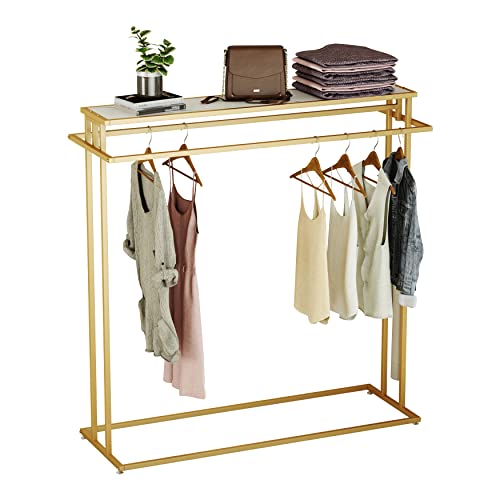 FUSHIAIPTC 59” Gold Clothing Rack, with Natural Marble and 3 Rods Garment Clothes Racks for Hanging Clothes, Organizer Closet for Hanging Clothing Coats Skirts Shirts Sweaters