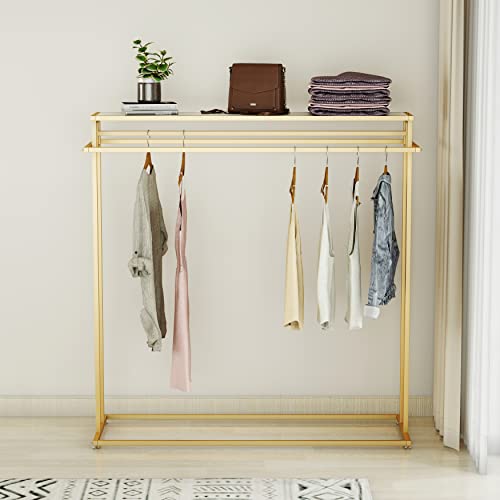 FUSHIAIPTC 59” Gold Clothing Rack, with Natural Marble and 3 Rods Garment Clothes Racks for Hanging Clothes, Organizer Closet for Hanging Clothing Coats Skirts Shirts Sweaters