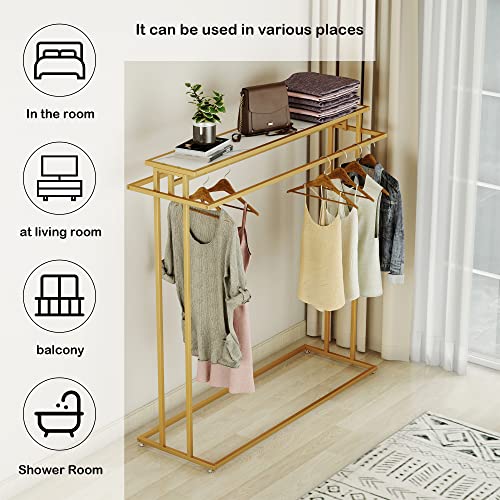 FUSHIAIPTC 59” Gold Clothing Rack, with Natural Marble and 3 Rods Garment Clothes Racks for Hanging Clothes, Organizer Closet for Hanging Clothing Coats Skirts Shirts Sweaters