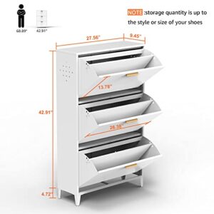 Omethey Shoe Cabinet with 3 Flip Drawers, Wall Mount & Floor Mount Shoe Organizer, All Steel White Narrow Shoe Storage Cabinet for Entryway, Hallway and Corridor