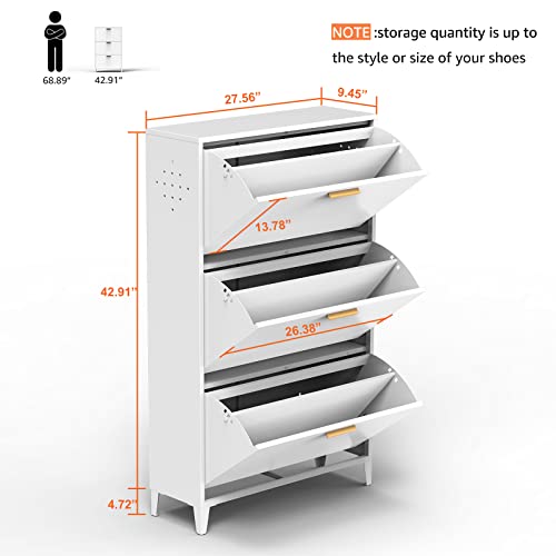 Omethey Shoe Cabinet with 3 Flip Drawers, Wall Mount & Floor Mount Shoe Organizer, All Steel White Narrow Shoe Storage Cabinet for Entryway, Hallway and Corridor