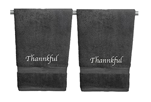 Liberty21 Embroidered Hand Towels with Inspirational Message: Thankful or Grateful. (1 Set of 2 Hand Towels) for Bathroom, Kitchen or Spa. (Thankful Grey)