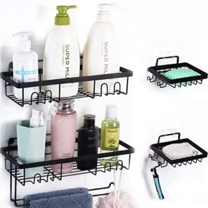 kamzodia 4 pack shower caddy shelf organizer with hanging sponge, no drilling adhesive wall mounted, accessories bathroom storage basket shampoo holder kitchen rack, rustproof stainless steel black