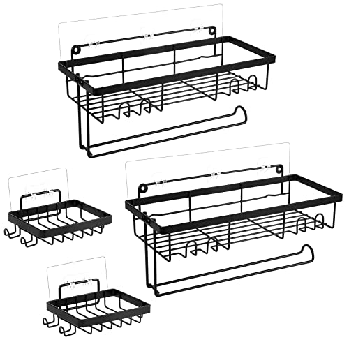 KamzoDia 4 Pack Shower Caddy Shelf Organizer with Hanging Sponge, No Drilling Adhesive Wall Mounted, Accessories Bathroom Storage Basket Shampoo Holder Kitchen Rack, Rustproof Stainless Steel Black