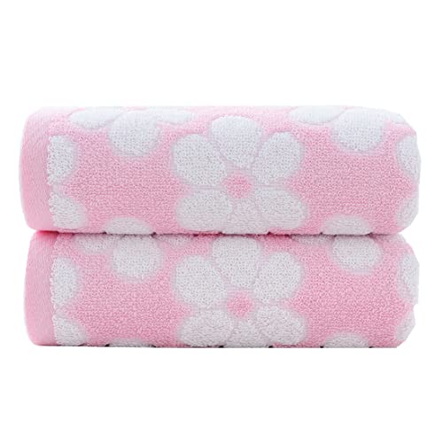 Pidada Hand Towels Set of 2 Floral Pattern 100% Cotton Soft Absorbent Decorative Towel for Bathroom 13.4 x 29.1 Inch (Pink)