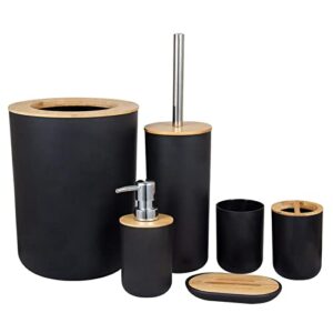 jianwei bathroom accessories set, 6 piece bath ensemble includes toilet brush, soap dispenser, waste bin, toothbrush holder, soap dish, cup, bamboo decor and housewarming gift(black)