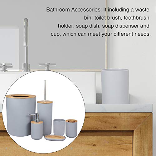 JIANWEI Bathroom Accessories Set, 6 Piece Bath Ensemble Includes Toilet Brush, Soap Dispenser, Waste Bin, Toothbrush Holder, Soap Dish, Cup, Bamboo Decor and Housewarming Gift(Black)