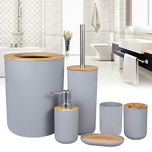 JIANWEI Bathroom Accessories Set, 6 Piece Bath Ensemble Includes Toilet Brush, Soap Dispenser, Waste Bin, Toothbrush Holder, Soap Dish, Cup, Bamboo Decor and Housewarming Gift(Black)