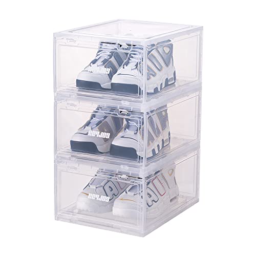 Shoe Boxes Clear Plastic - Stackable Sneaker Shoe Container Drop-front Shoe Display Case for Closets, Entryway Shoe Rack, Clothing Rack, Bed, Easy Assembly (3PCS) (White)