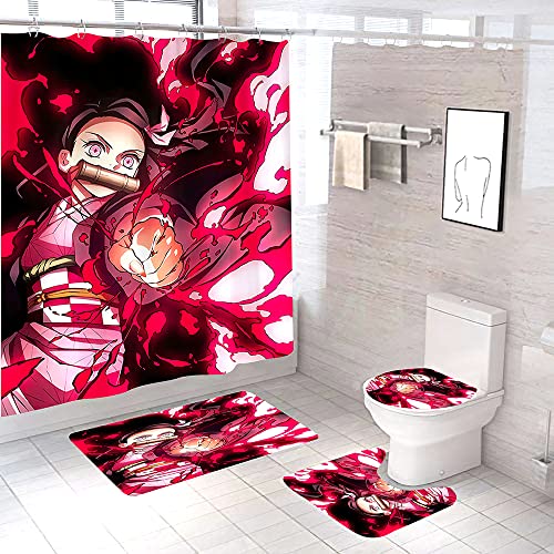 daweitianlong 4 Piece Anime Shower Curtain Set with Non-Slip Rug, Thickened Toilet Lid Cover and Bath Mat,Waterproof Anime Shower Curtain Sets for Bathroom With12 Hooks 59x71 inch, 14