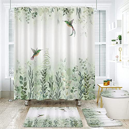 4 Pcs Shower Curtain Sets with Rugs Sage Green Leaves Eucalyptus Hummingbird Bird White Green Leaf Botanical Plant Floral Durable Shower Curtain Sets with 12 Hooks Shower Curtain for Bathroom Set