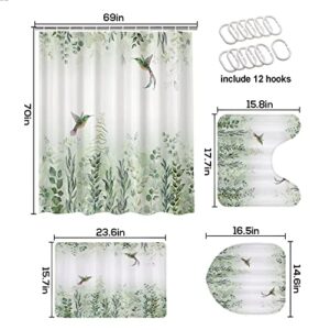 4 Pcs Shower Curtain Sets with Rugs Sage Green Leaves Eucalyptus Hummingbird Bird White Green Leaf Botanical Plant Floral Durable Shower Curtain Sets with 12 Hooks Shower Curtain for Bathroom Set