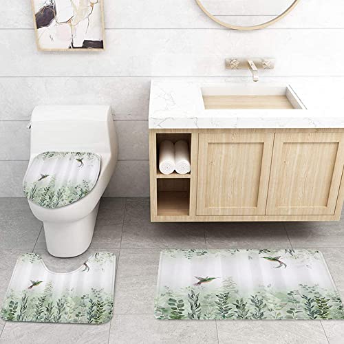 4 Pcs Shower Curtain Sets with Rugs Sage Green Leaves Eucalyptus Hummingbird Bird White Green Leaf Botanical Plant Floral Durable Shower Curtain Sets with 12 Hooks Shower Curtain for Bathroom Set