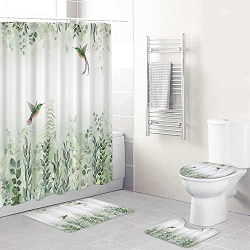 4 Pcs Shower Curtain Sets with Rugs Sage Green Leaves Eucalyptus Hummingbird Bird White Green Leaf Botanical Plant Floral Durable Shower Curtain Sets with 12 Hooks Shower Curtain for Bathroom Set