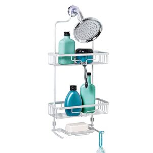 zenna home hanging shower caddy, over the shower head bathroom storage, rustproof, no drilling, bath organizer with 2 shelves, soap tray, razor holders and hooks, satin chrome