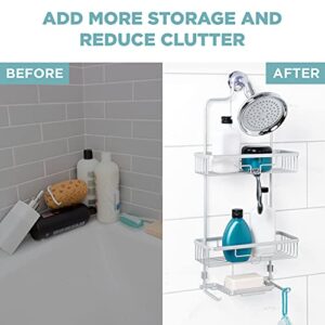 Zenna Home Hanging Shower Caddy, Over the Shower Head Bathroom Storage, Rustproof, No Drilling, Bath Organizer with 2 Shelves, Soap Tray, Razor Holders and Hooks, Satin Chrome