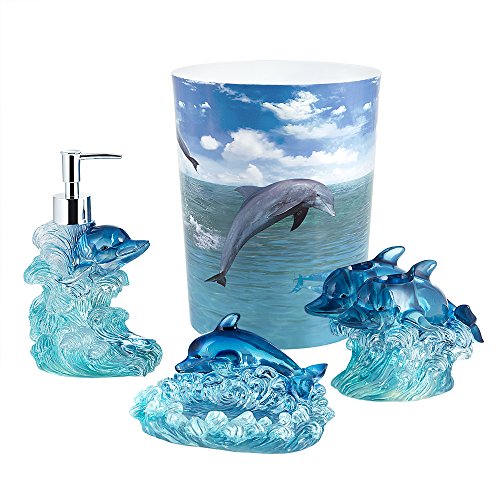 Allure Home Creation Jump for Joy Dolphin 4-Piece Bathroom Accessory Set-Resin Lotion Dispenser, Toothbrush Holder, Soap Dish and Plastic Wastebasket