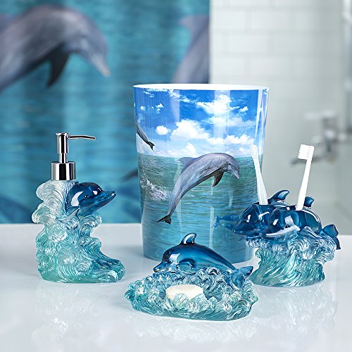 Allure Home Creation Jump for Joy Dolphin 4-Piece Bathroom Accessory Set-Resin Lotion Dispenser, Toothbrush Holder, Soap Dish and Plastic Wastebasket