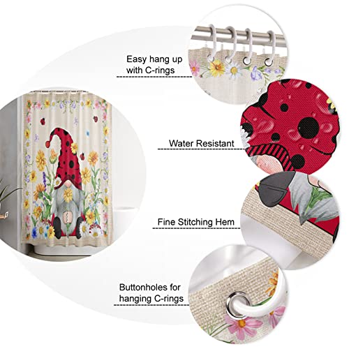 BULING 4Pcs Shower Curtain Set with Rugs,Farmhouse Ladybug Gnome with Daisy Sunflower Spring Summer Pattern Shower Curtain with 12 Hooks, Bath Mat, Toilet Lid Rug and Non-Slip U Shape Mat Accessories