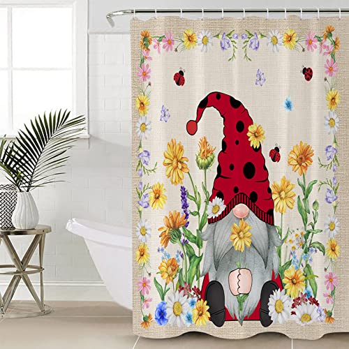 BULING 4Pcs Shower Curtain Set with Rugs,Farmhouse Ladybug Gnome with Daisy Sunflower Spring Summer Pattern Shower Curtain with 12 Hooks, Bath Mat, Toilet Lid Rug and Non-Slip U Shape Mat Accessories