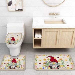 BULING 4Pcs Shower Curtain Set with Rugs,Farmhouse Ladybug Gnome with Daisy Sunflower Spring Summer Pattern Shower Curtain with 12 Hooks, Bath Mat, Toilet Lid Rug and Non-Slip U Shape Mat Accessories