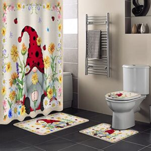 BULING 4Pcs Shower Curtain Set with Rugs,Farmhouse Ladybug Gnome with Daisy Sunflower Spring Summer Pattern Shower Curtain with 12 Hooks, Bath Mat, Toilet Lid Rug and Non-Slip U Shape Mat Accessories