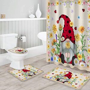 BULING 4Pcs Shower Curtain Set with Rugs,Farmhouse Ladybug Gnome with Daisy Sunflower Spring Summer Pattern Shower Curtain with 12 Hooks, Bath Mat, Toilet Lid Rug and Non-Slip U Shape Mat Accessories