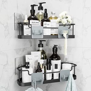 orimade corner shower caddy organizer basket with hooks adhesive no drilling wall mount bathroom shelf shampoo holder storage rack rustproof, 2 pack-black, only for 90-degree corner