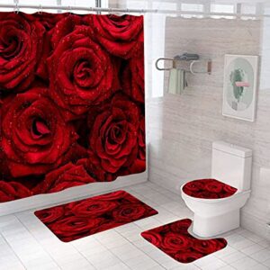 4pcs Red Roses Bathroom Sets with Shower Curtains and Rugs for Women Romantic Red Roses Shower Curtains with Nonslip Rugs and Soft Bath Mat Toilet Seat Cover for Valentines’ Day Gifts