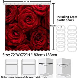 4pcs Red Roses Bathroom Sets with Shower Curtains and Rugs for Women Romantic Red Roses Shower Curtains with Nonslip Rugs and Soft Bath Mat Toilet Seat Cover for Valentines’ Day Gifts