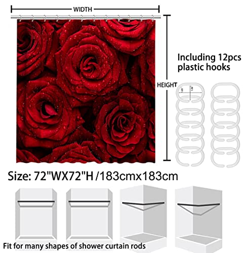 4pcs Red Roses Bathroom Sets with Shower Curtains and Rugs for Women Romantic Red Roses Shower Curtains with Nonslip Rugs and Soft Bath Mat Toilet Seat Cover for Valentines’ Day Gifts