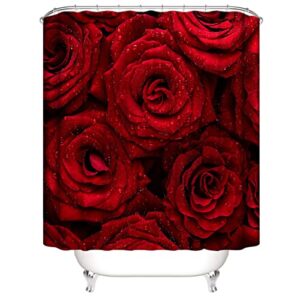 4pcs Red Roses Bathroom Sets with Shower Curtains and Rugs for Women Romantic Red Roses Shower Curtains with Nonslip Rugs and Soft Bath Mat Toilet Seat Cover for Valentines’ Day Gifts