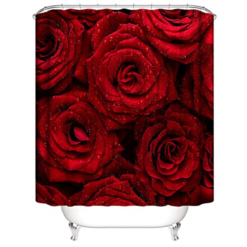 4pcs Red Roses Bathroom Sets with Shower Curtains and Rugs for Women Romantic Red Roses Shower Curtains with Nonslip Rugs and Soft Bath Mat Toilet Seat Cover for Valentines’ Day Gifts