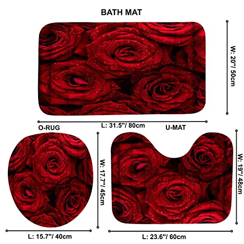 4pcs Red Roses Bathroom Sets with Shower Curtains and Rugs for Women Romantic Red Roses Shower Curtains with Nonslip Rugs and Soft Bath Mat Toilet Seat Cover for Valentines’ Day Gifts