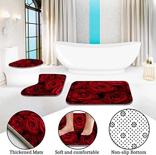 4pcs Red Roses Bathroom Sets with Shower Curtains and Rugs for Women Romantic Red Roses Shower Curtains with Nonslip Rugs and Soft Bath Mat Toilet Seat Cover for Valentines’ Day Gifts