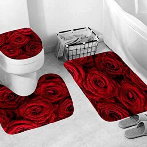 4pcs Red Roses Bathroom Sets with Shower Curtains and Rugs for Women Romantic Red Roses Shower Curtains with Nonslip Rugs and Soft Bath Mat Toilet Seat Cover for Valentines’ Day Gifts