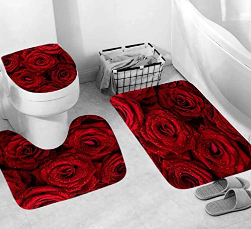 4pcs Red Roses Bathroom Sets with Shower Curtains and Rugs for Women Romantic Red Roses Shower Curtains with Nonslip Rugs and Soft Bath Mat Toilet Seat Cover for Valentines’ Day Gifts