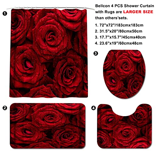 4pcs Red Roses Bathroom Sets with Shower Curtains and Rugs for Women Romantic Red Roses Shower Curtains with Nonslip Rugs and Soft Bath Mat Toilet Seat Cover for Valentines’ Day Gifts