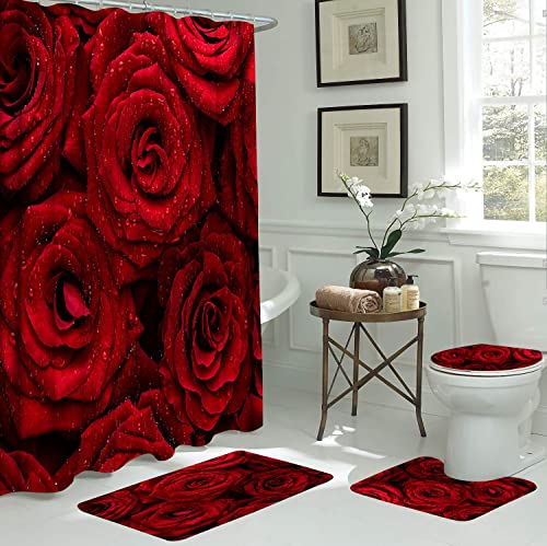 4pcs Red Roses Bathroom Sets with Shower Curtains and Rugs for Women Romantic Red Roses Shower Curtains with Nonslip Rugs and Soft Bath Mat Toilet Seat Cover for Valentines’ Day Gifts