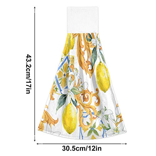 MCHIVER 2 Pcs Hanging Kitchen Hand Towels with Loop, Sicilian Style Lemon Fruit Tile Decorative Towels Absorbent Towel for Bathroom, Laundry Room, Hotel, Gym and Spa