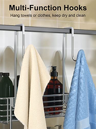 SMARTAKE Shower Caddy Over The Door, Stainless Steel Bathroom Shelf Organizer, Rustproof Wall Rack with Hooks, Razors Towels Shampoo Organizer for Dorm, Toilet, Bath and Kitchen, Silver